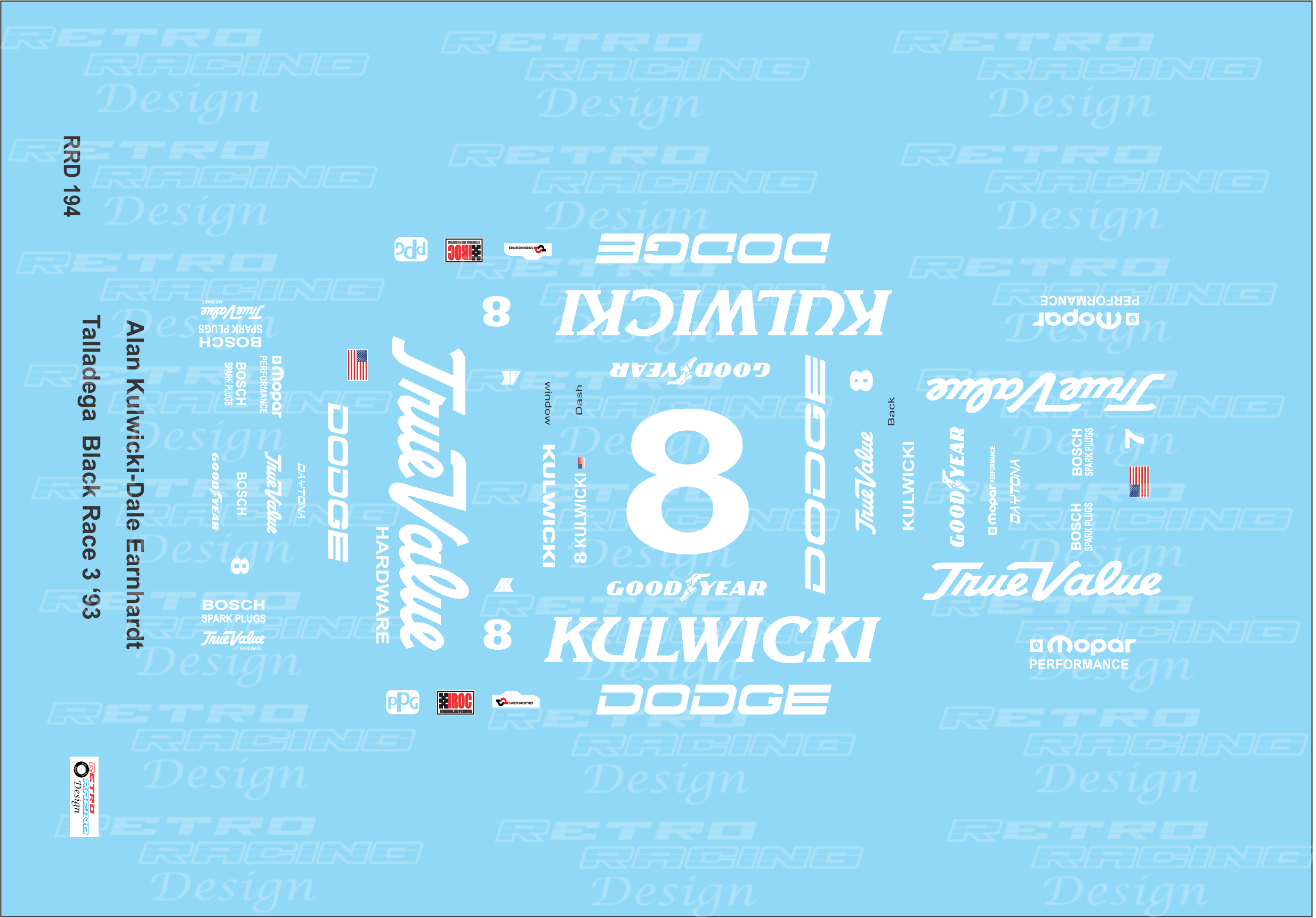 Retro Racing Design Alan Kulwicki IROC 1993 #8 Black Dodge Daytona 1/2 ...