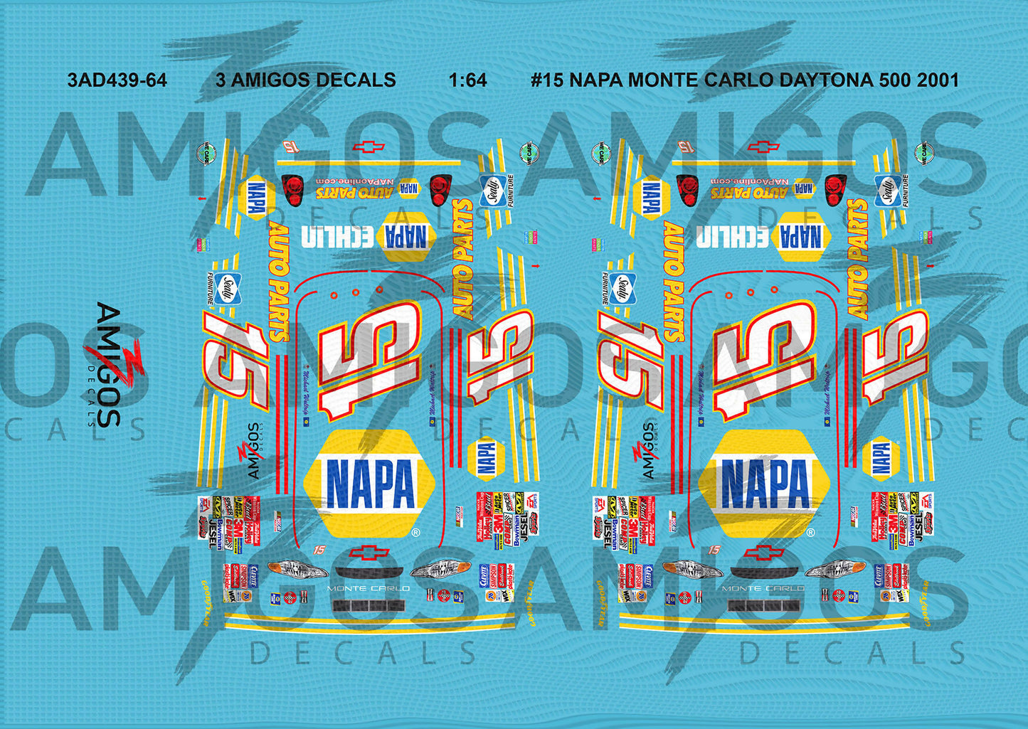 1:64 3 Amigos Decals #15 NAPA MONTE CARLO 2001 DAYTONA 500 WINNER Deca ...