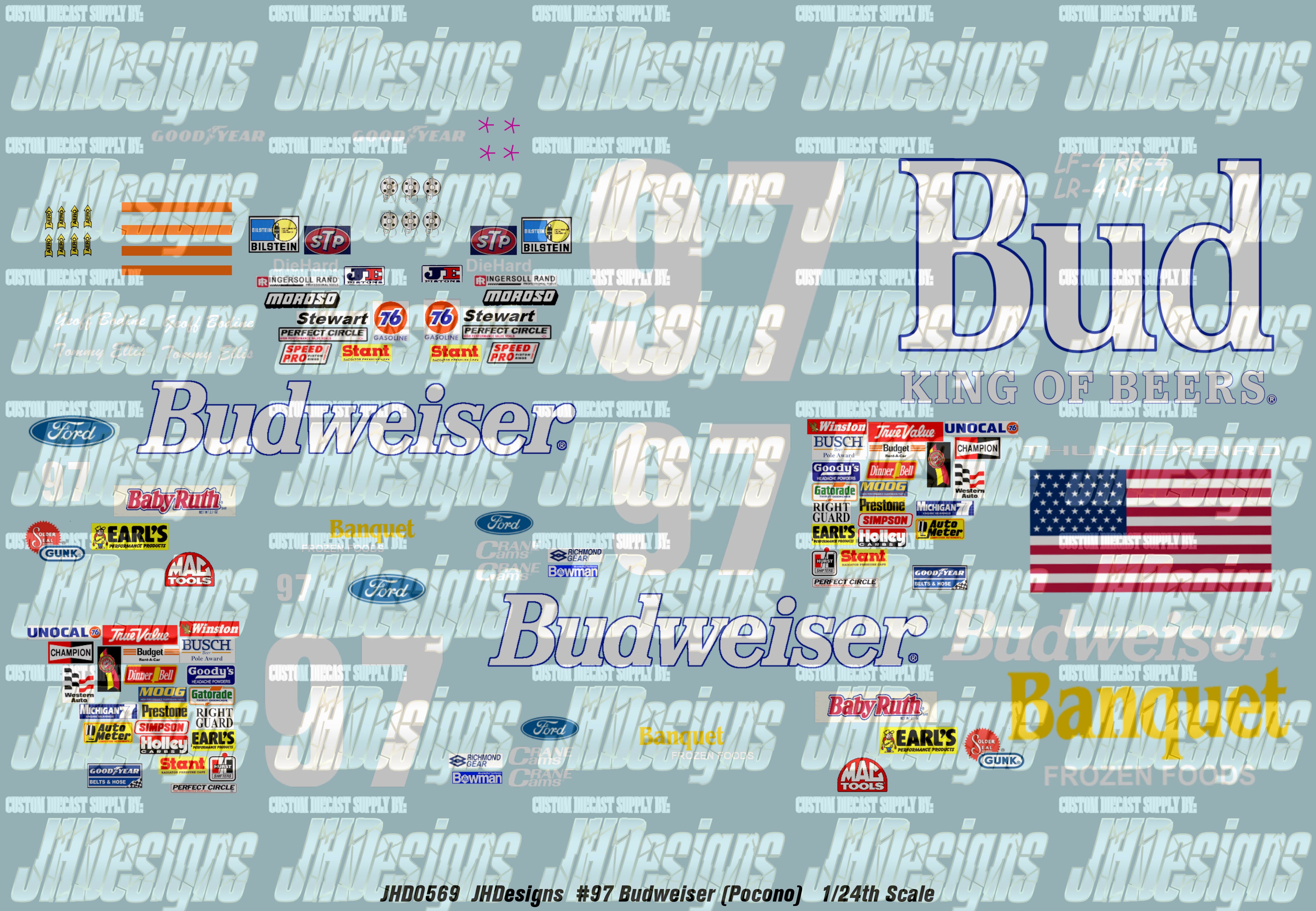 JH Designs Geoff Bodine 1991 CUP #97 Budweiser (Pocono) 1:24 Racecar D ...