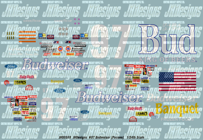 JH Designs Geoff Bodine 1991 CUP #97 Budweiser (Pocono) 1:24 Racecar D ...