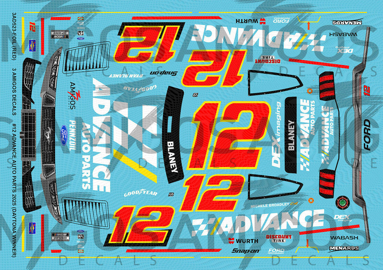 3 Amigos Decals #12 ADVANCE AUTO PARTS 2025 MUSTANG (DAYTONA WINNER) D ...