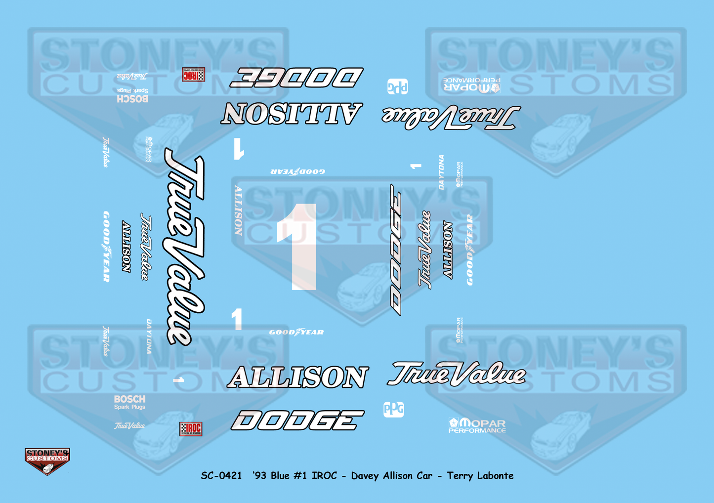 Stoney's Customs 1993 Blue #1 IROC Terry Labonte 1:24 Decal Set – Print it Decals