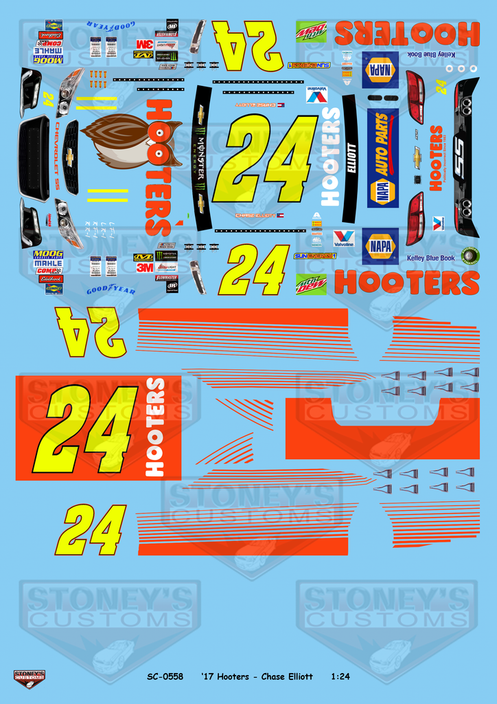 Stoney's Customs 2017 #24 Hooters - Chase Elliott 1:24 Decal Set ...