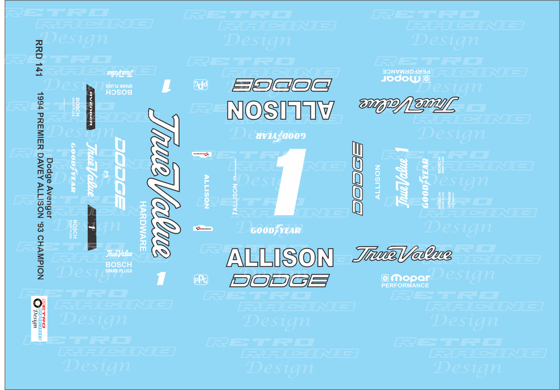 Retro Racing Design Davey Allison IROC 1994 #1 Teal Blue Dodge Avenger ...