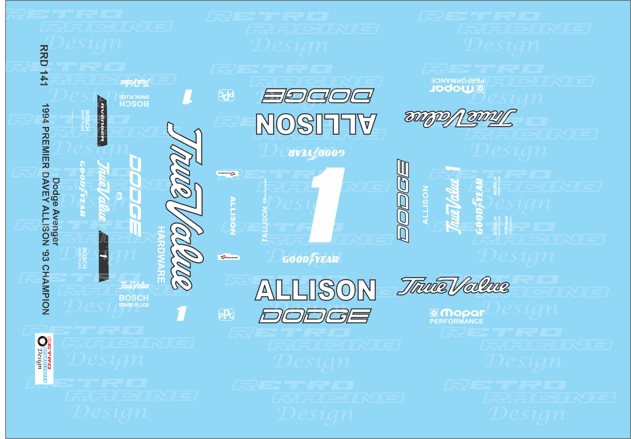 Retro Racing Design Davey Allison IROC 1994 #1 Teal Blue Dodge Avenger ...
