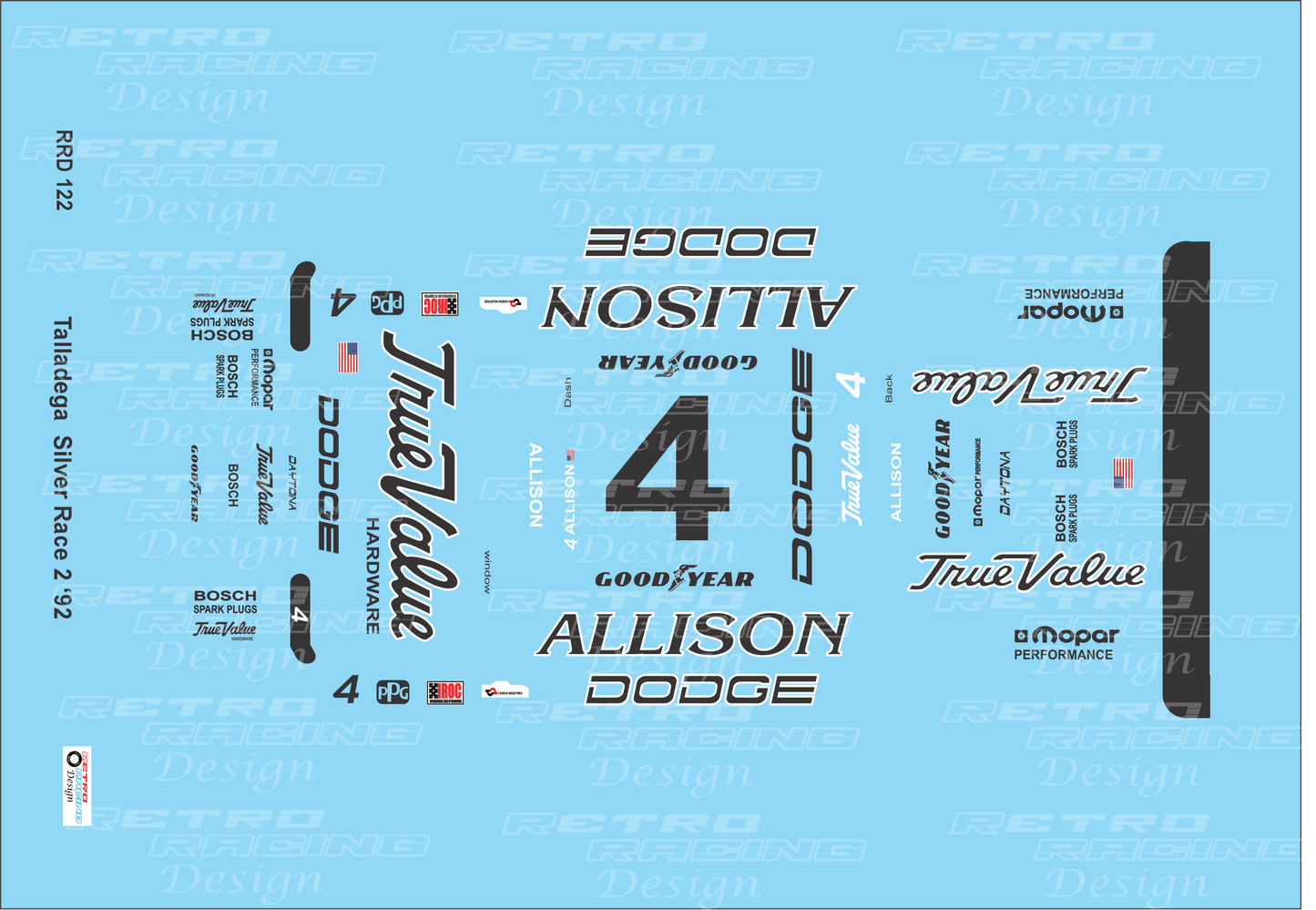Retro Racing Design Davey Allison IROC 1992 #4 Silver Dodge Daytona 1 ...