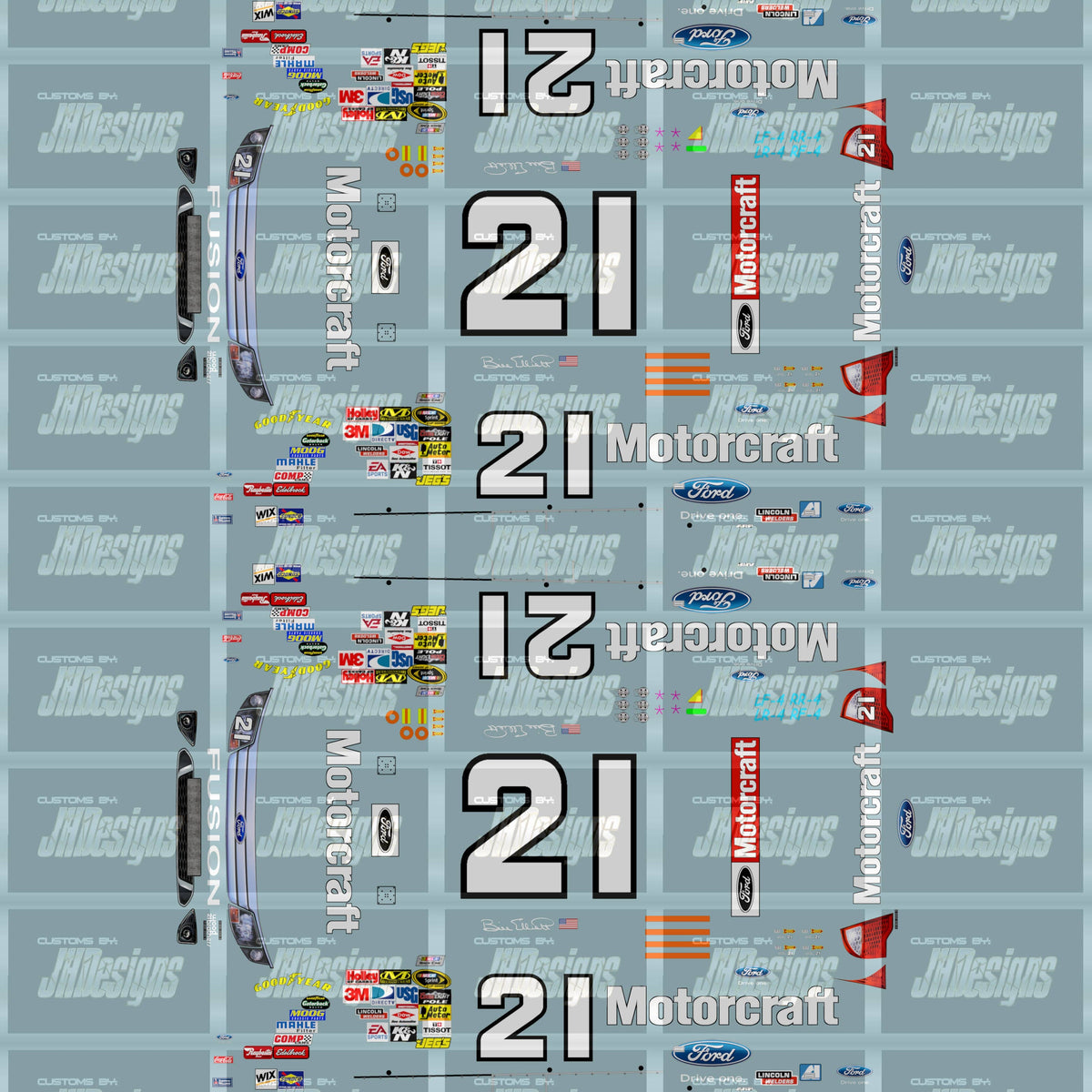 JH Designs Bill Elliott 2009 CUP #21 Motorcraft 1:64 Racecar Decal Set ...