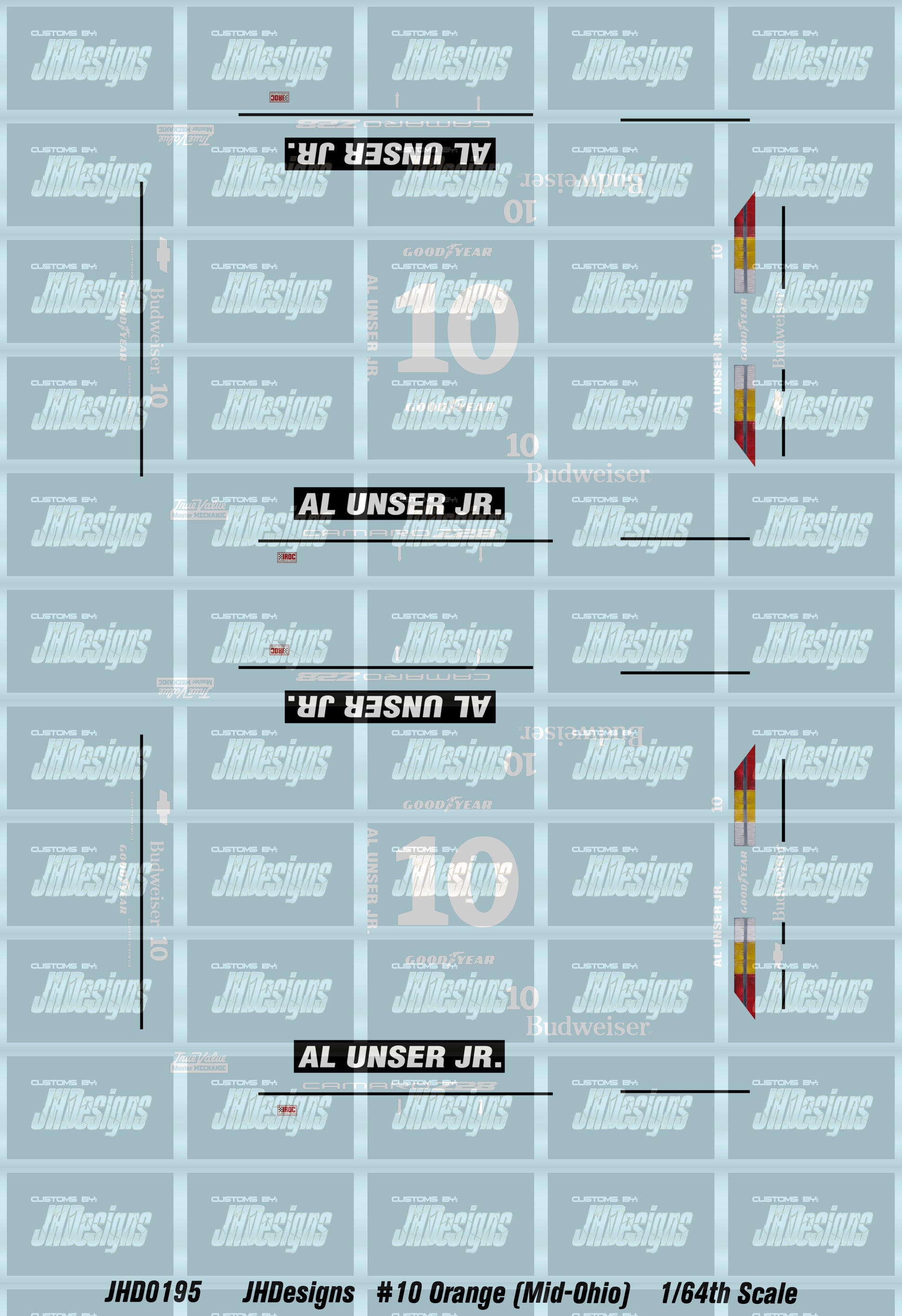JH Designs Al Unser Jr 1986 IROC #10 Orange (Mid-Ohio Race) 1:64 Racec – Print it Decals