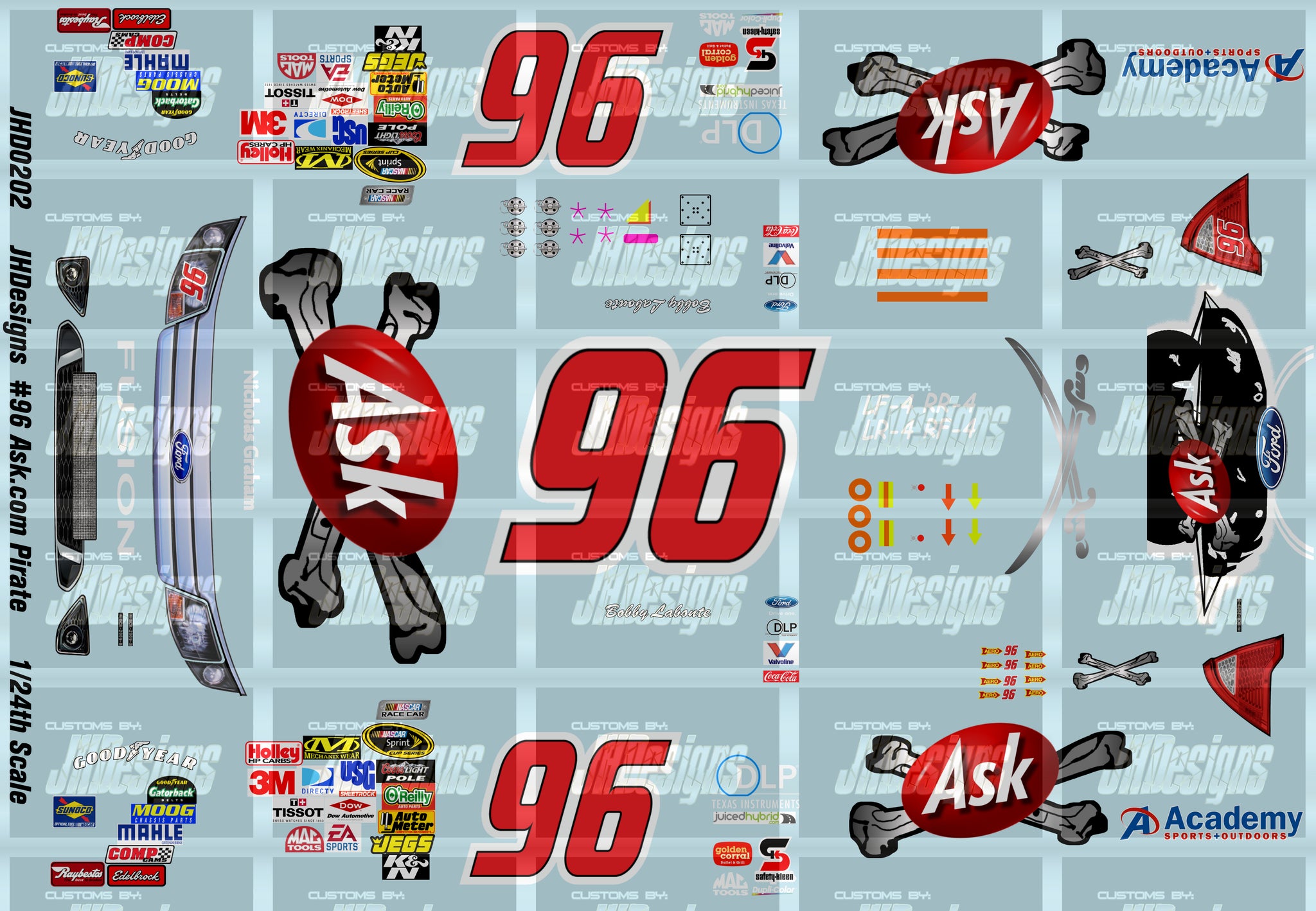 JH Designs Bobby Labonte 2009 CUP #96 Ask.com Pirate 1:24 Racecar Deca ...