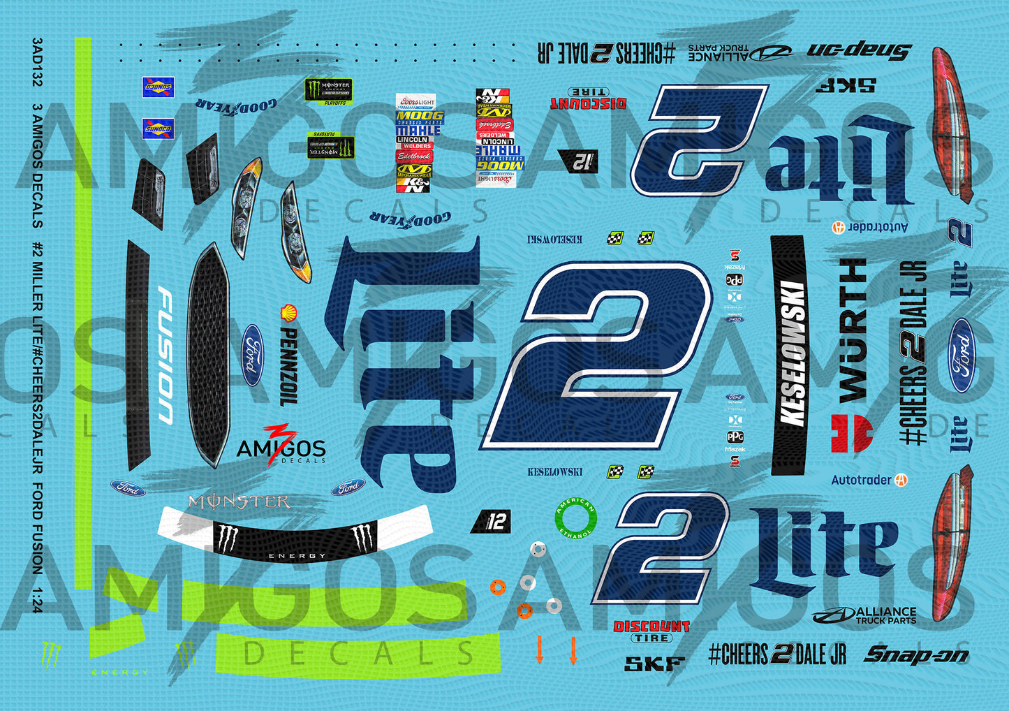3 Amigos Decals #2 Miller Lite #Cheers Dale Jr Ford Fusion 1:24 NEON D ...