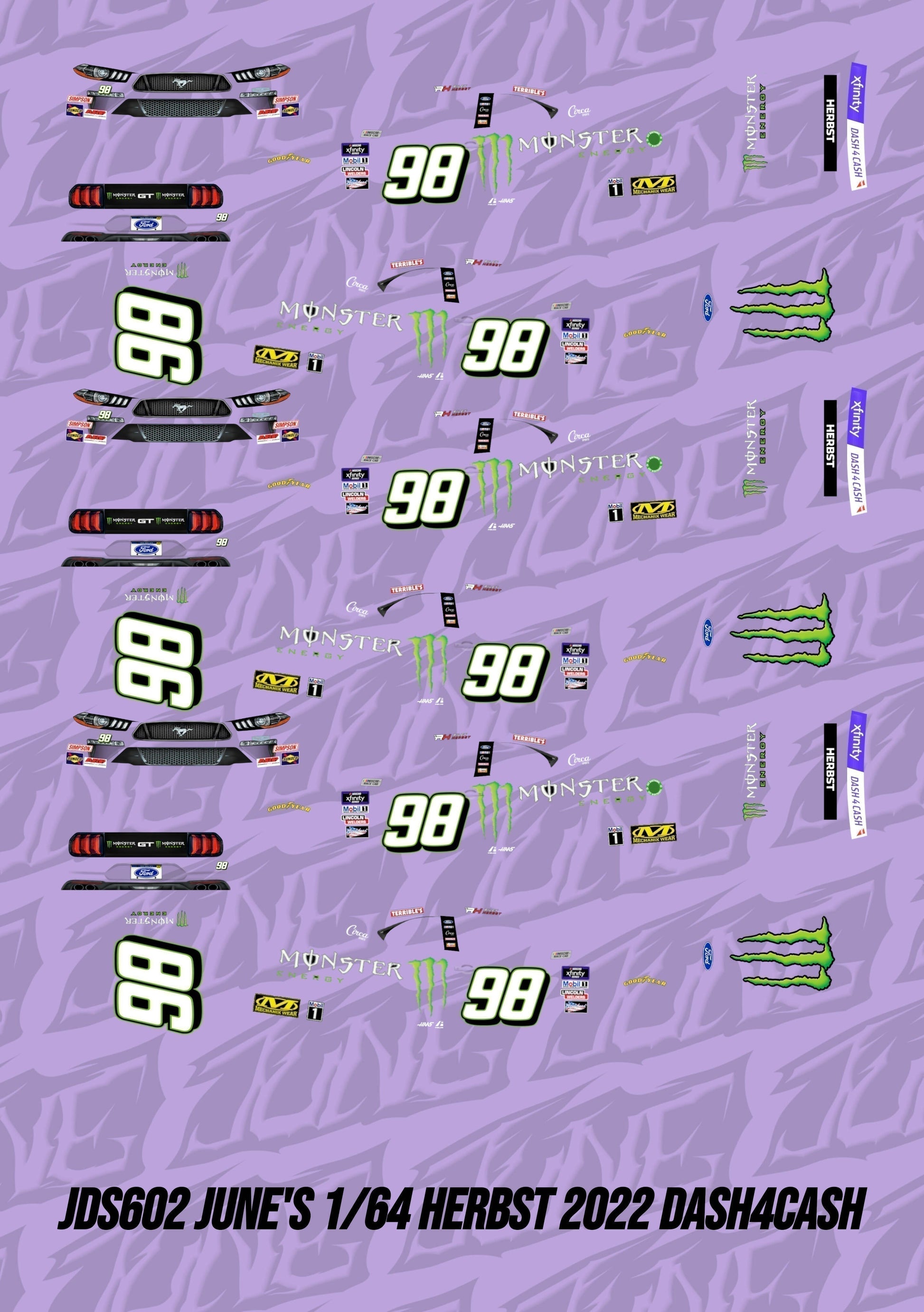 1/64 RILEY HERBST MONSTER 2022 DASH4CASH NASCAR XFINITY FORD MUSTANG ...