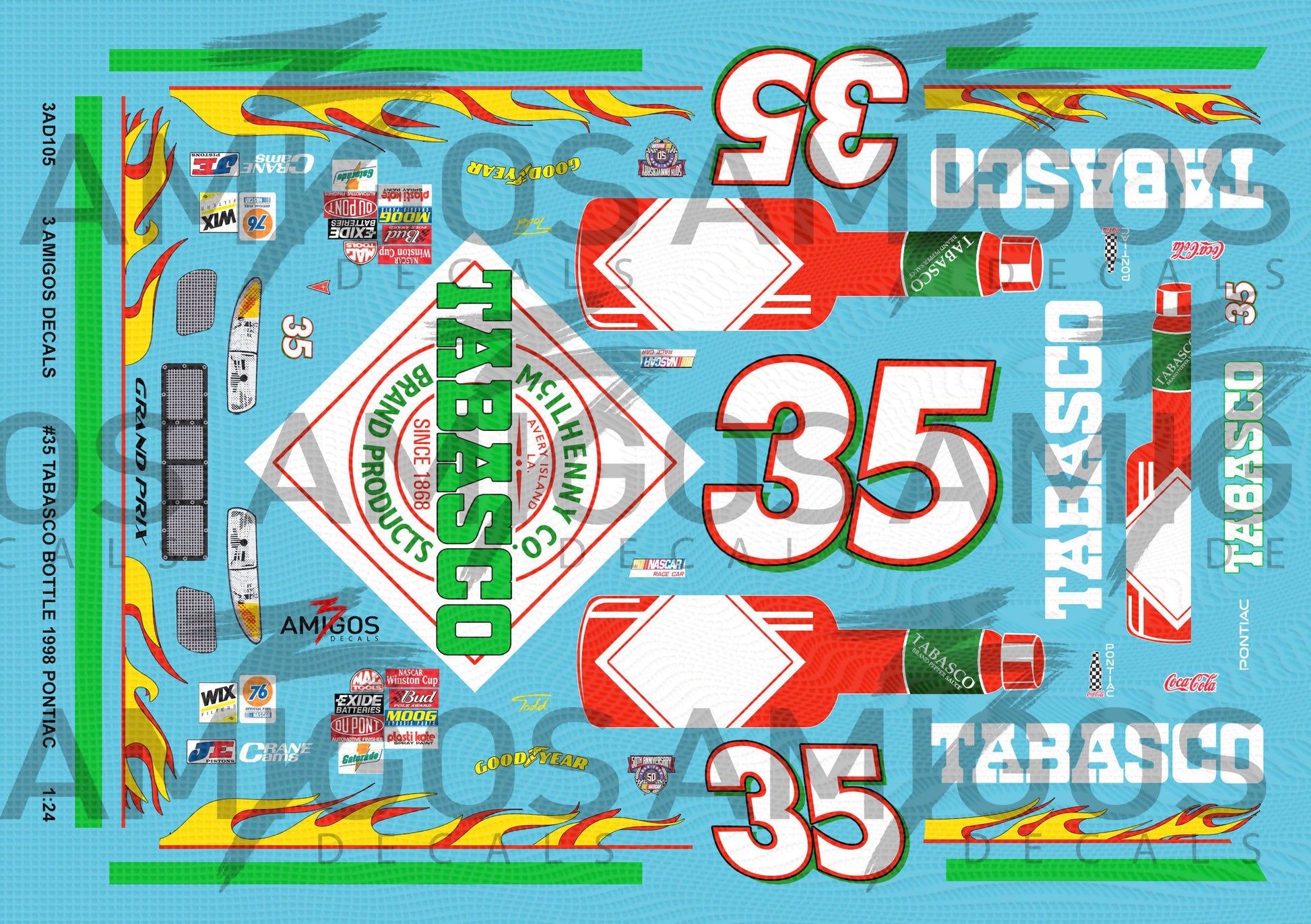 3 Amigos Decals Tabasco Bottle #35 1998 Pontiac Racecar Decal Set 1:24 ...